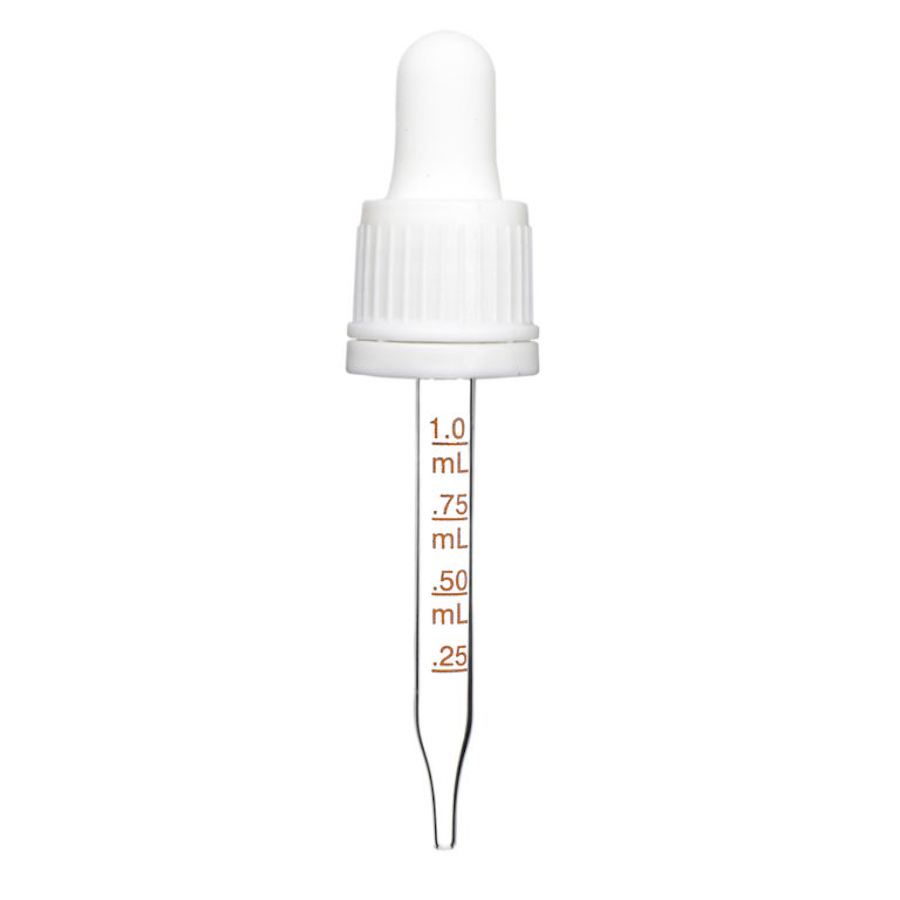 18-415 White PP Plastic Tamper Evident Ribbed Skirt Dropper with 77mm Straight Medical Graduated ...